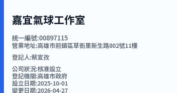 嘉宜氣球工作室的照片-統編 00897115(高雄市) 公司登記資料與營業項目詳細圖表
