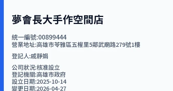 夢會長大手作空間店的照片-統編 00899444(高雄市) 公司登記資料與營業項目詳細圖表