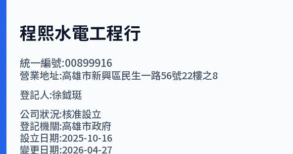 程熙水電工程行的照片-統編 00899916(高雄市) 公司登記資料與營業項目詳細圖表