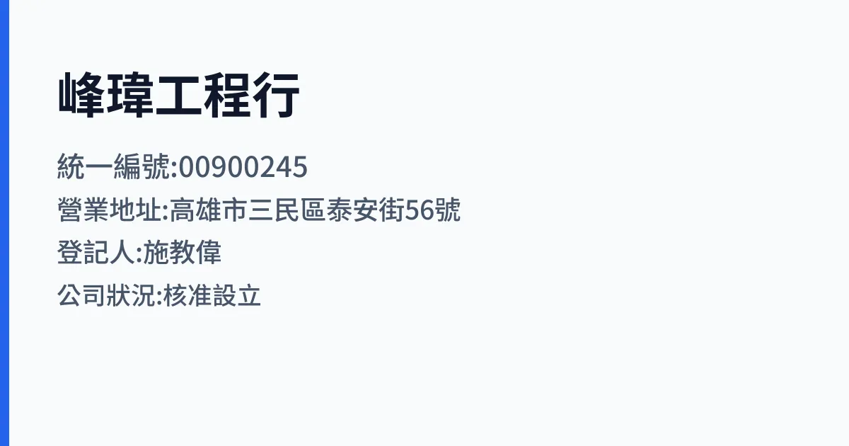 峰瑋工程行 - 統編 00900245(高雄市) 公司登記資料與營業項目詳細圖表