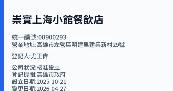 崇實上海小館餐飲店的照片-統編 00900293(高雄市) 公司登記資料與營業項目詳細圖表