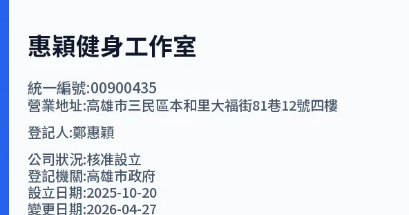 惠穎健身工作室的照片-統編 00900435(高雄市) 公司登記資料與營業項目詳細圖表