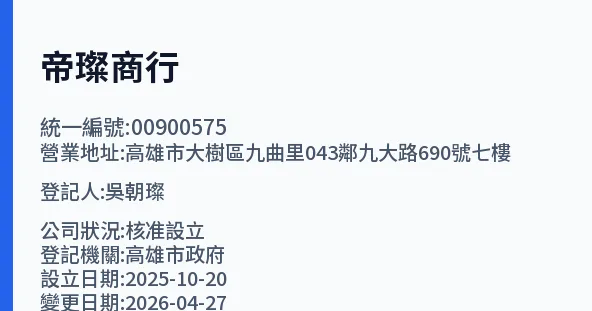 帝璨商行的照片-統編 00900575(高雄市) 公司登記資料與營業項目詳細圖表