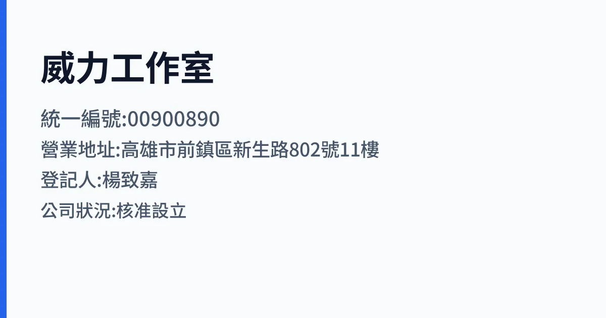 威力工作室 - 統編 00900890(高雄市) 公司登記資料與營業項目詳細圖表