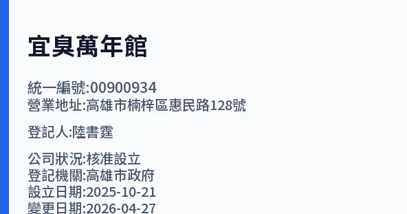 宜臭萬年館的照片-統編 00900934(高雄市) 公司登記資料與營業項目詳細圖表