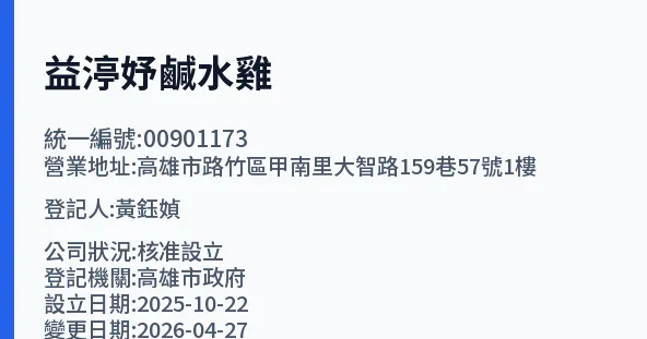 益渟妤鹹水雞的照片-統編 00901173(高雄市) 公司登記資料與營業項目詳細圖表