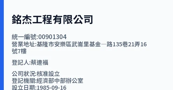 銘杰工程有限公司的照片-統編 00901304(基隆市) 公司登記資料與營業項目詳細圖表