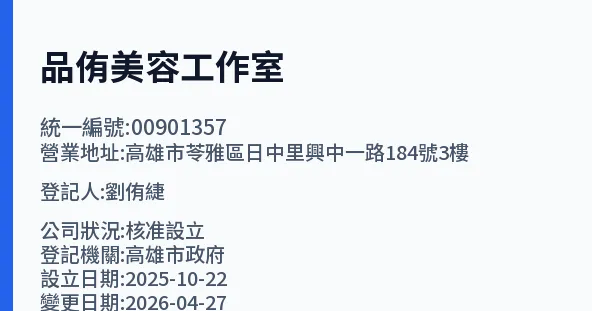 品侑美容工作室的照片-統編 00901357(高雄市) 公司登記資料與營業項目詳細圖表