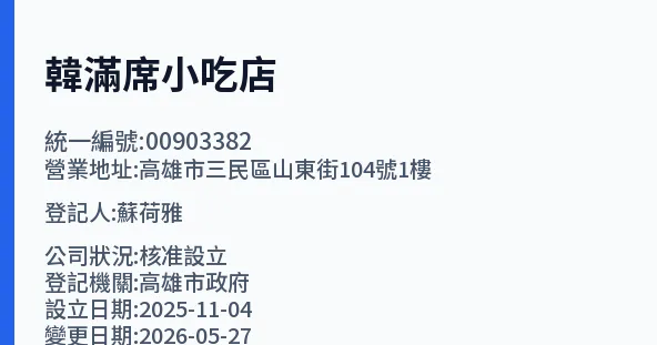 韓滿席小吃店的照片-統編 00903382(高雄市) 公司登記資料與營業項目詳細圖表