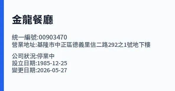 金龍餐廳的照片-統編 00903470(基隆市) 公司登記資料與營業項目詳細圖表