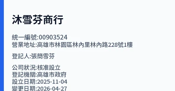 沐雪芬商行的照片-統編 00903524(高雄市) 公司登記資料與營業項目詳細圖表
