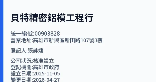 貝特精密鋁模工程行的照片-統編 00903828(高雄市) 公司登記資料與營業項目詳細圖表