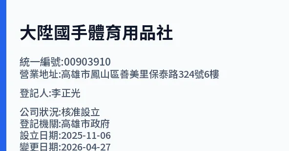 大陞國手體育用品社的照片-統編 00903910(高雄市) 公司登記資料與營業項目詳細圖表