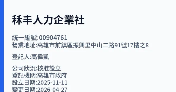 秝丰人力企業社的照片-統編 00904761(高雄市) 公司登記資料與營業項目詳細圖表