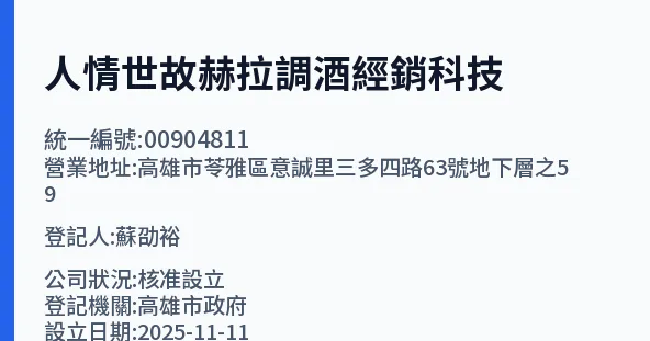 人情世故赫拉調酒經銷科技的照片-統編 00904811(高雄市) 公司登記資料與營業項目詳細圖表