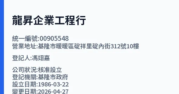 龍昇企業工程行的照片-統編 00905548(基隆市) 公司登記資料與營業項目詳細圖表