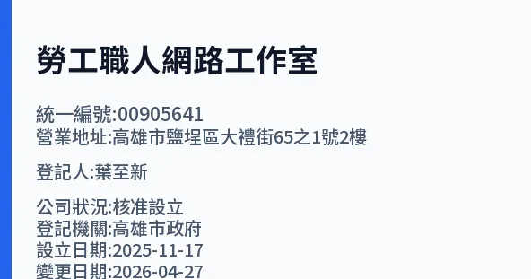 勞工職人網路工作室的照片-統編 00905641(高雄市) 公司登記資料與營業項目詳細圖表