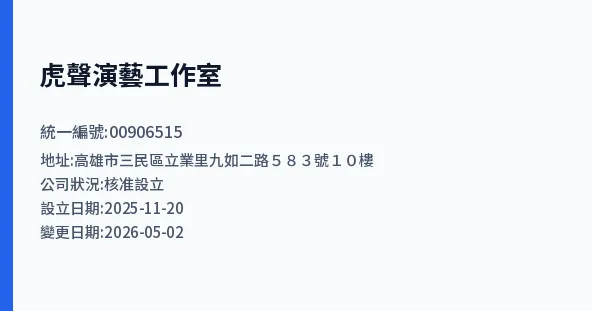 虎聲演藝工作室的照片-統編 00906515(高雄市) 公司登記資料與營業項目詳細圖表