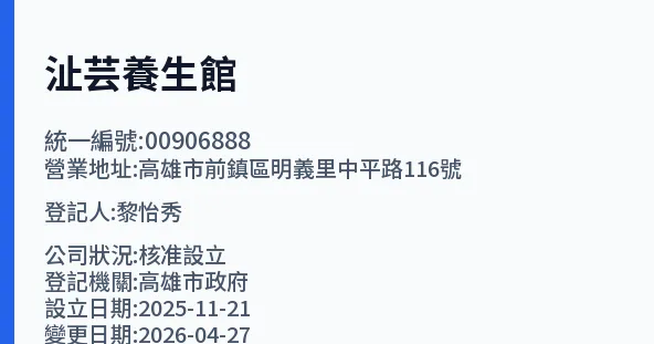 沚芸養生館的照片-統編 00906888(高雄市) 公司登記資料與營業項目詳細圖表