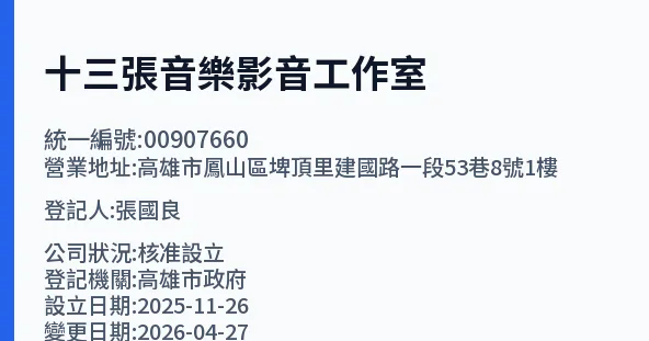 十三張音樂影音工作室的照片-統編 00907660(高雄市) 公司登記資料與營業項目詳細圖表
