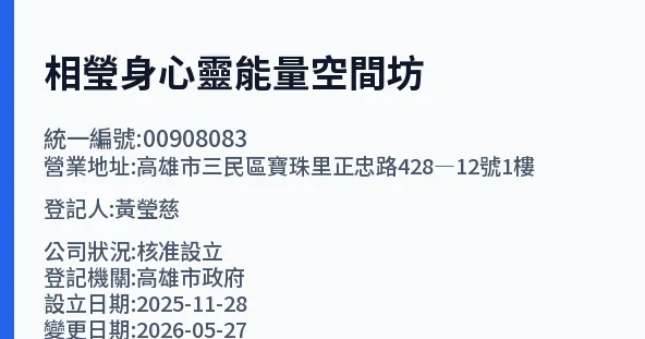 相瑩身心靈能量空間坊的照片-統編 00908083(高雄市) 公司登記資料與營業項目詳細圖表