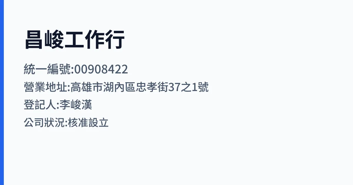 昌峻工作行 - 統編 00908422(高雄市) 公司登記資料與營業項目詳細圖表