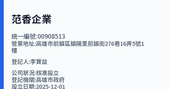 范香企業的照片-統編 00908513(高雄市) 公司登記資料與營業項目詳細圖表