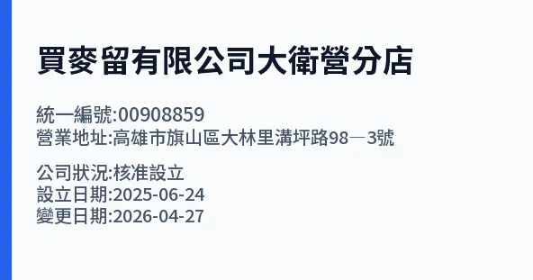 買麥留有限公司大衛營分店的照片-統編 00908859(高雄市) 公司登記資料與營業項目詳細圖表