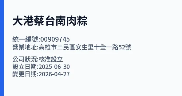 大港蔡台南肉粽的照片-統編 00909745(高雄市) 公司登記資料與營業項目詳細圖表