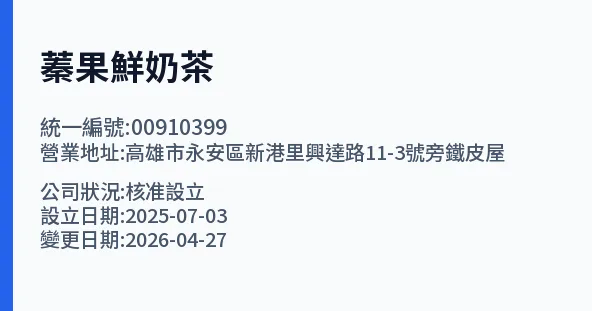 蓁果鮮奶茶的照片-統編 00910399(高雄市) 公司登記資料與營業項目詳細圖表