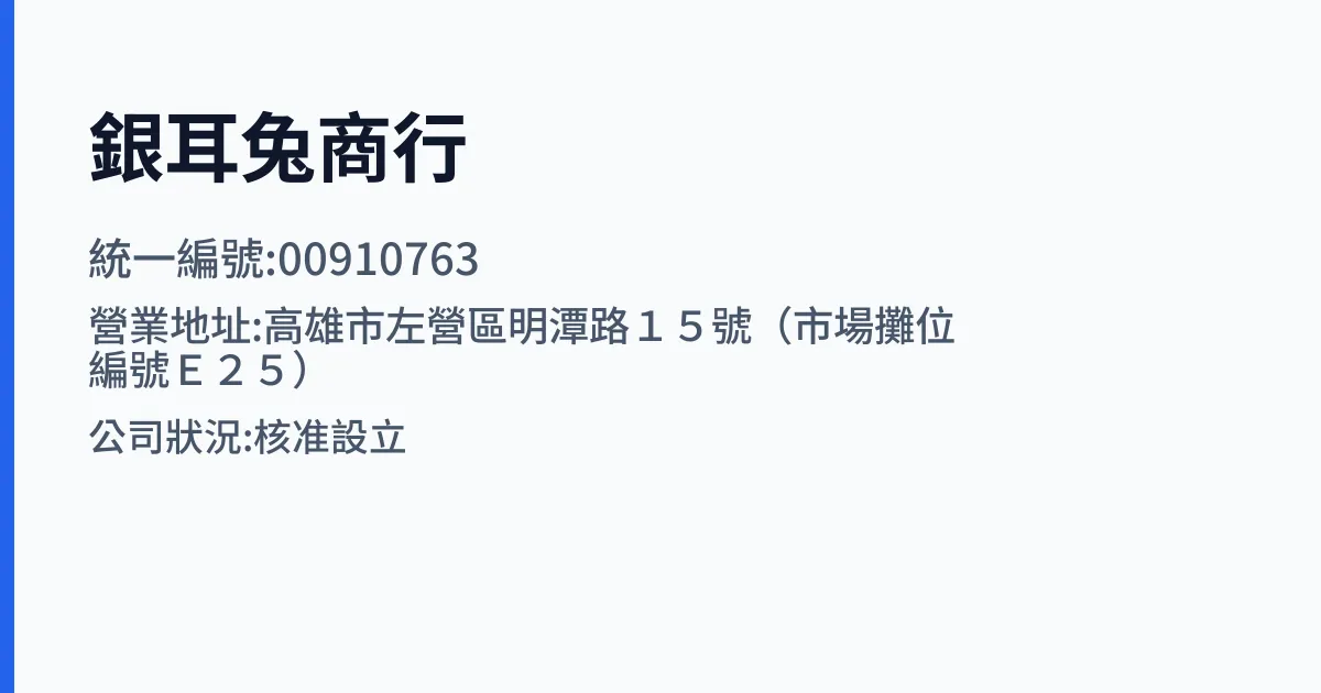 銀耳兔商行 - 統編 00910763(高雄市) 公司登記資料與營業項目詳細圖表