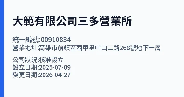 大範有限公司三多營業所的照片-統編 00910834(高雄市) 公司登記資料與營業項目詳細圖表