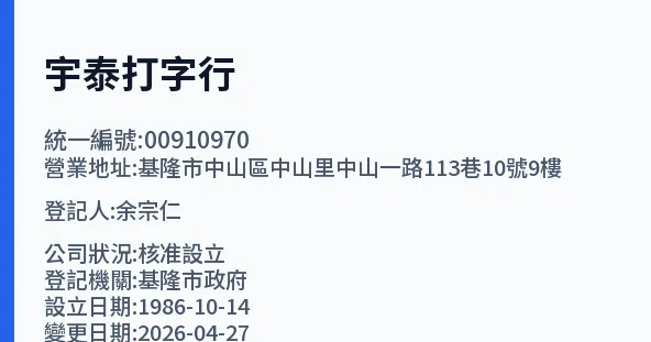 宇泰打字行的照片-統編 00910970(基隆市) 公司登記資料與營業項目詳細圖表