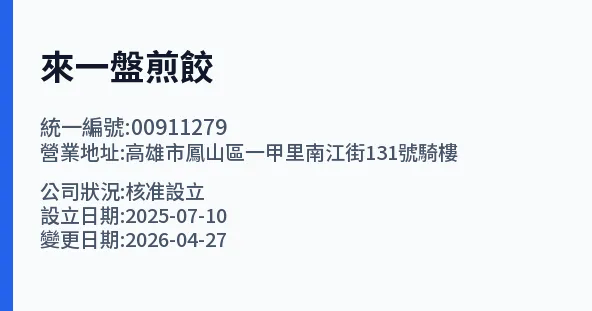 來一盤煎餃的照片-統編 00911279(高雄市) 公司登記資料與營業項目詳細圖表