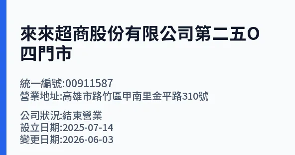 來來超商股份有限公司第二五O四門市的照片-統編 00911587(高雄市) 公司登記資料與營業項目詳細圖表