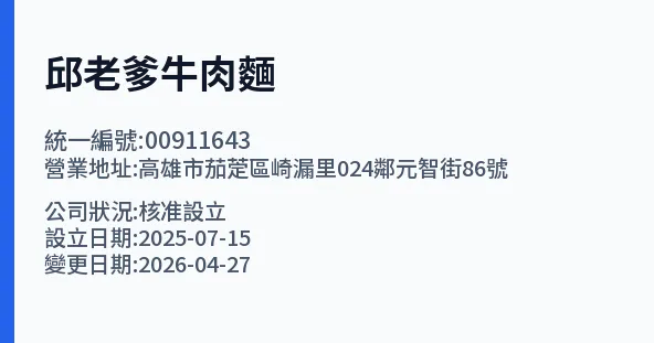 邱老爹牛肉麵的照片-統編 00911643(高雄市) 公司登記資料與營業項目詳細圖表