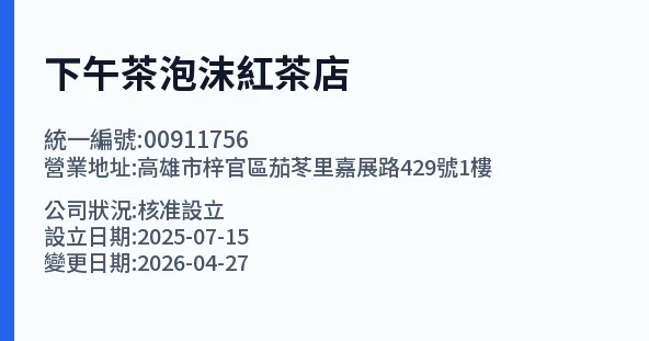 下午茶泡沫紅茶店的照片-統編 00911756(高雄市) 公司登記資料與營業項目詳細圖表