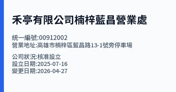 禾亭有限公司楠梓藍昌營業處的照片-統編 00912002(高雄市) 公司登記資料與營業項目詳細圖表