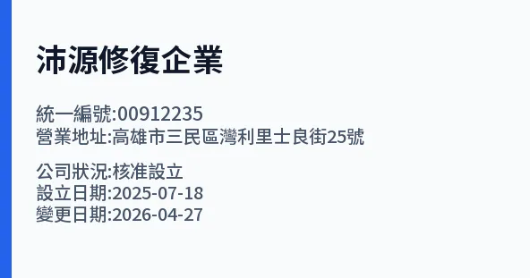 沛源修復企業的照片-統編 00912235(高雄市) 公司登記資料與營業項目詳細圖表