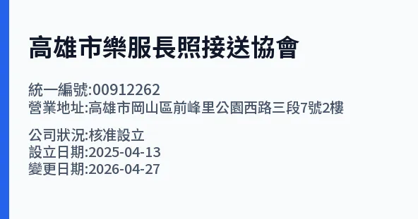 高雄市樂服長照接送協會的照片-統編 00912262(高雄市) 公司登記資料與營業項目詳細圖表