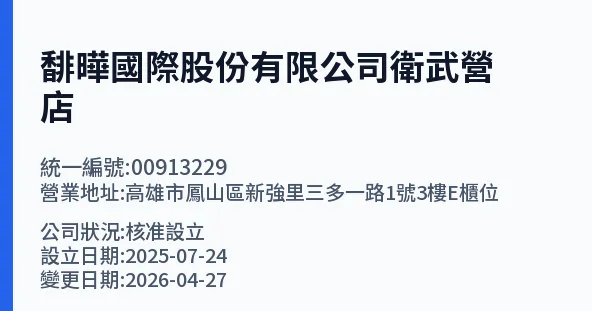 馡曄國際股份有限公司衛武營店的照片-統編 00913229(高雄市) 公司登記資料與營業項目詳細圖表