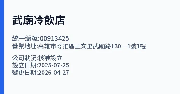 武廟冷飲店的照片-統編 00913425(高雄市) 公司登記資料與營業項目詳細圖表