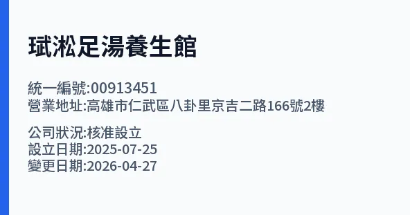 珷淞足湯養生館的照片-統編 00913451(高雄市) 公司登記資料與營業項目詳細圖表