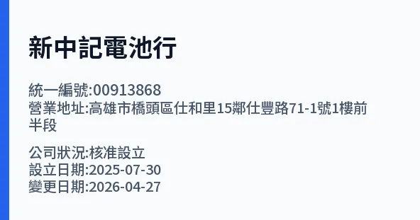新中記電池行的照片-統編 00913868(高雄市) 公司登記資料與營業項目詳細圖表