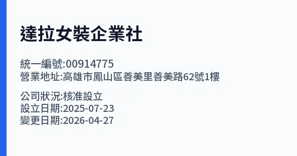 達拉女裝企業社的照片-統編 00914775(高雄市) 公司登記資料與營業項目詳細圖表
