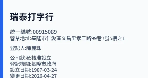 瑞泰打字行的照片-統編 00915089(基隆市) 公司登記資料與營業項目詳細圖表