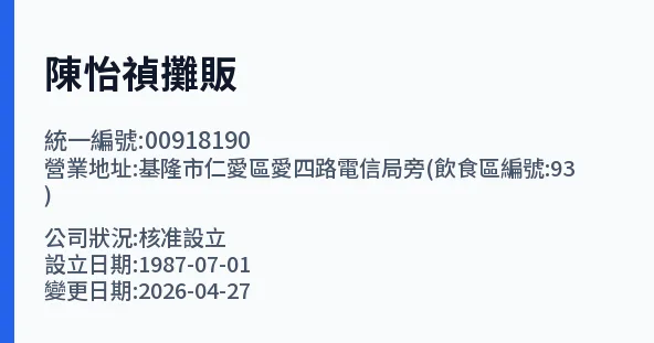 陳怡禎攤販的照片-統編 00918190(基隆市) 公司登記資料與營業項目詳細圖表