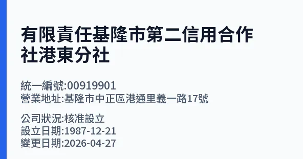 有限責任基隆市第二信用合作社港東分社的照片-統編 00919901(基隆市) 公司登記資料與營業項目詳細圖表