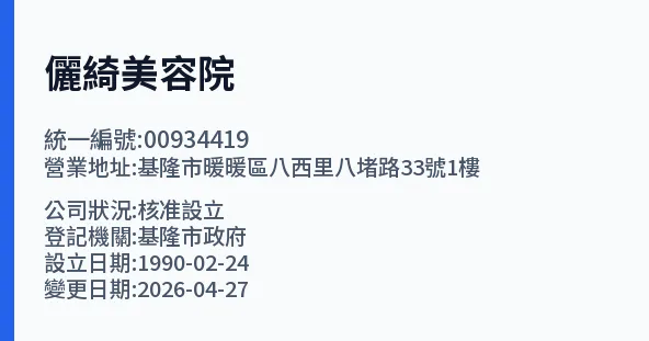 儷綺美容院的照片-統編 00934419(基隆市) 公司登記資料與營業項目詳細圖表