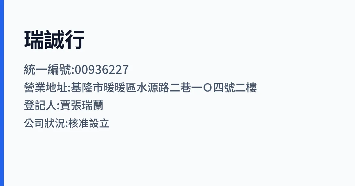 瑞誠行 - 統編 00936227(基隆市) 公司登記資料與營業項目詳細圖表